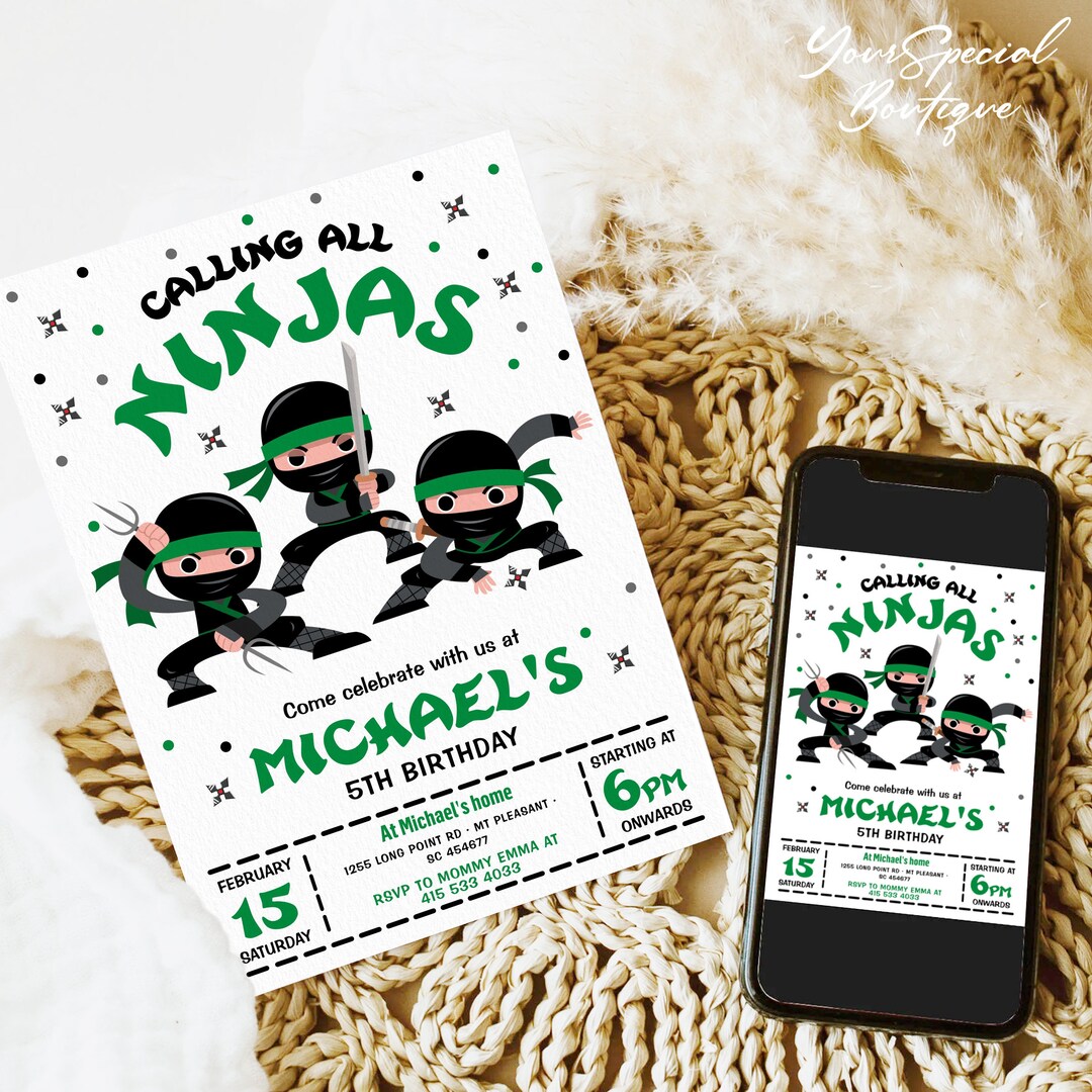 Ninja Birthday Invitation, Green Ninja Invite, Ninja Party Printable ...