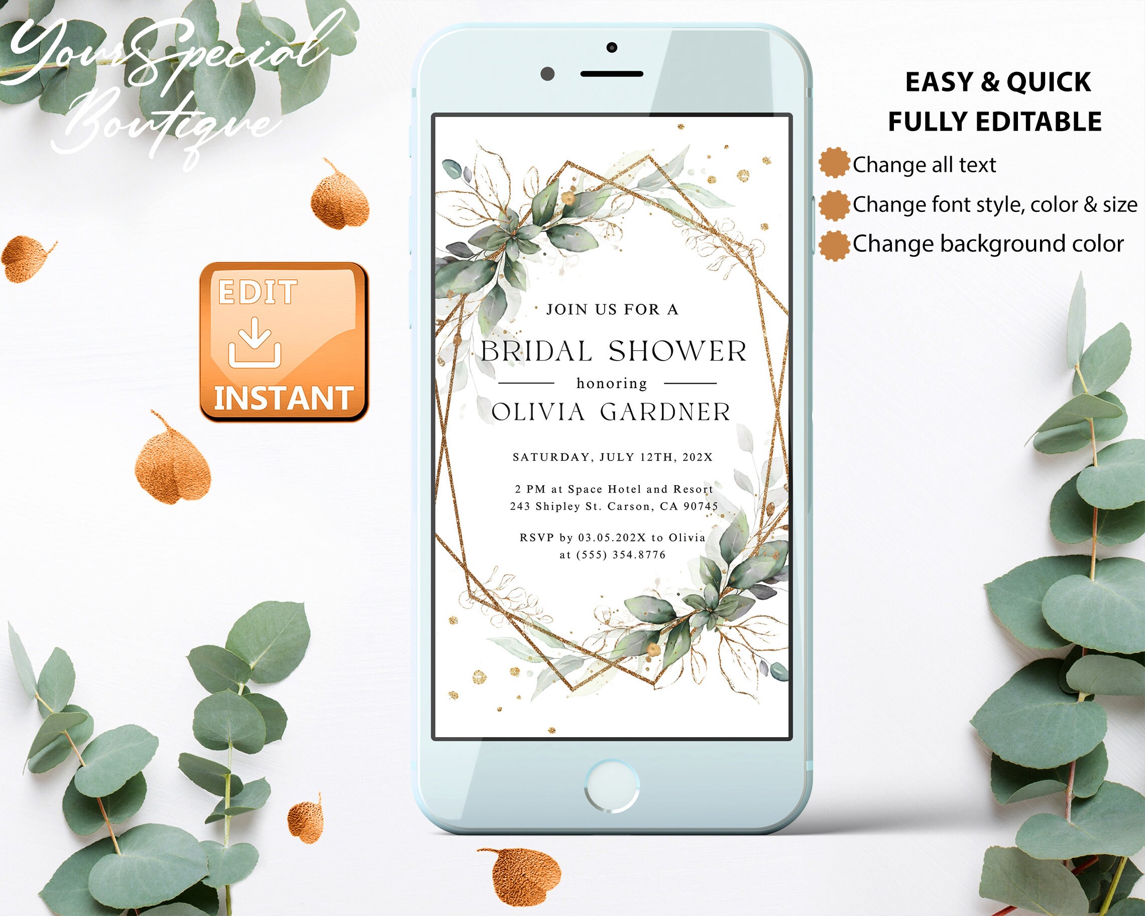 Bridal Shower Invitation Electronic, Bridal Shower Evite, Greenery Gold ...