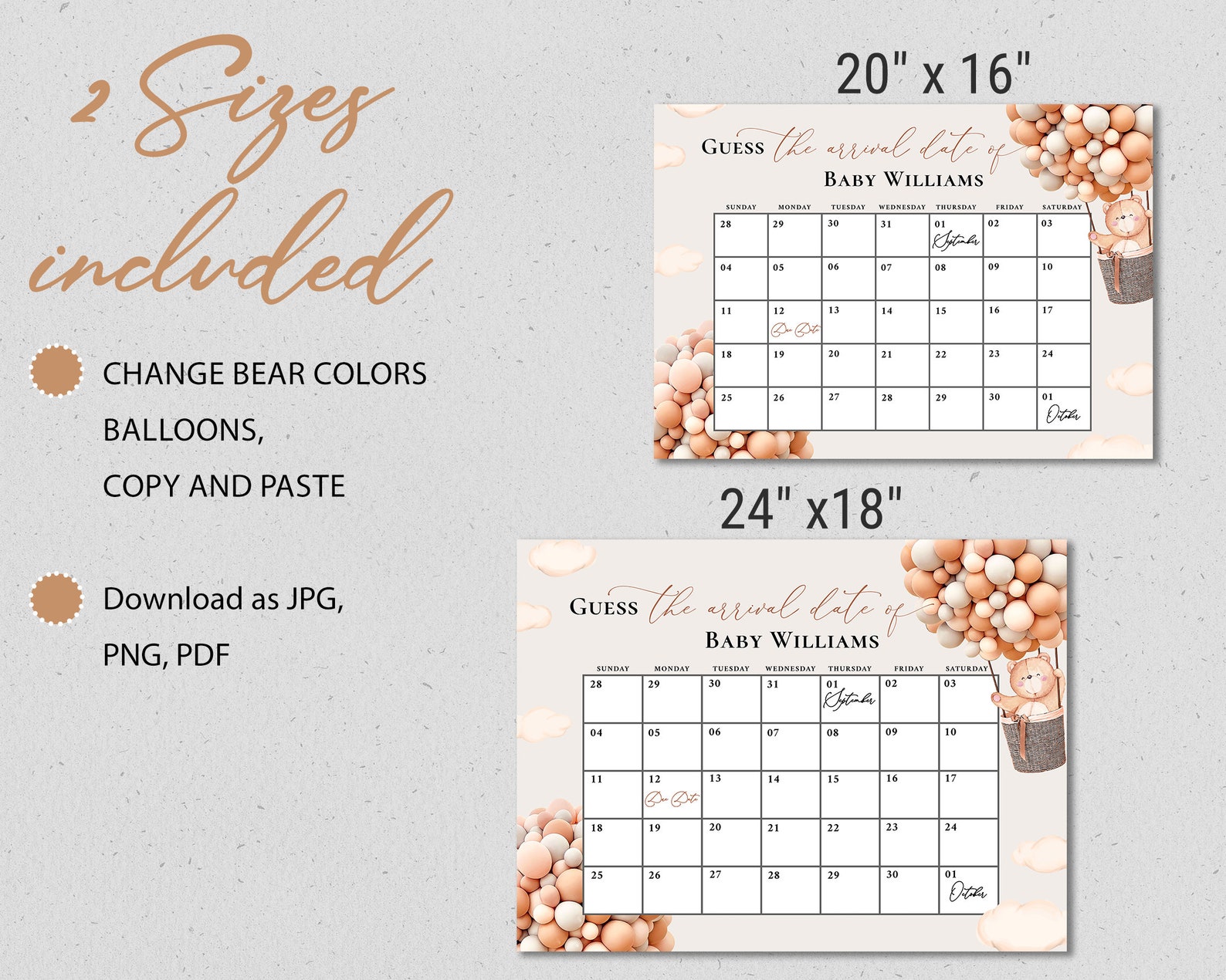 Baby Shower Calendar Bear Balloons Game, Baby Due Date Calendar, Baby's ...