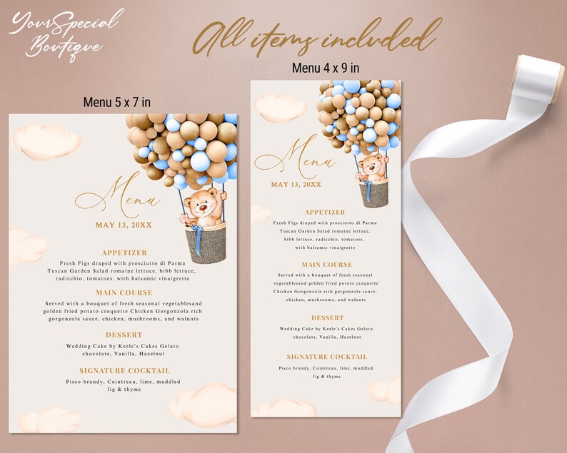 Menu Bear Balloons Baby Shower Brunch Dinner Printable - Etsy