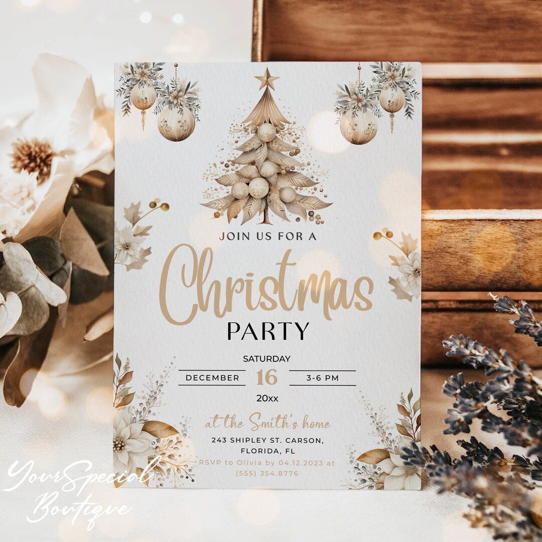 Editable Neutral Boho Christmas Party Invitation Christmas Party Invite ...