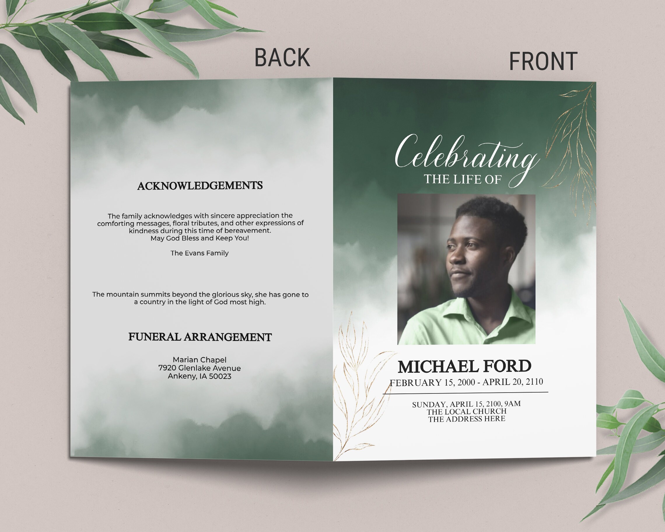 Funeral Program Template for Man, Memorial Program, Program Celebration ...