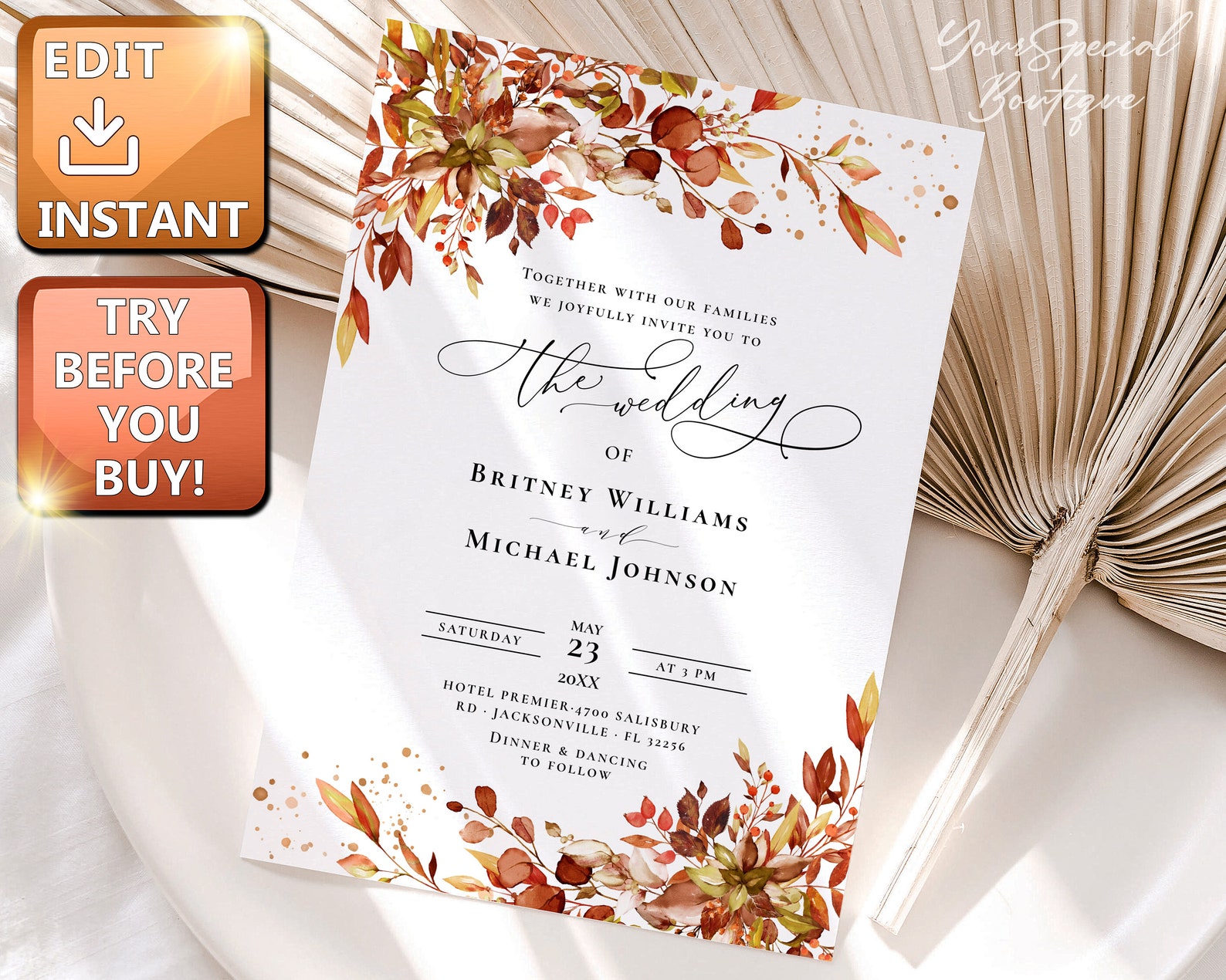 Fall Wedding Invitation Template, Rustic Autumn Leaves and Greenery ...
