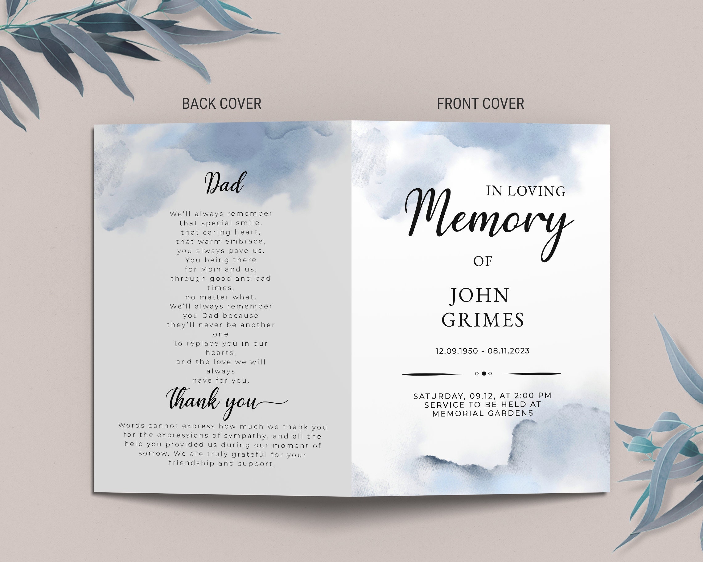 Funeral Program Template, Funeral Program With Clouds, 4 Page, Funeral ...