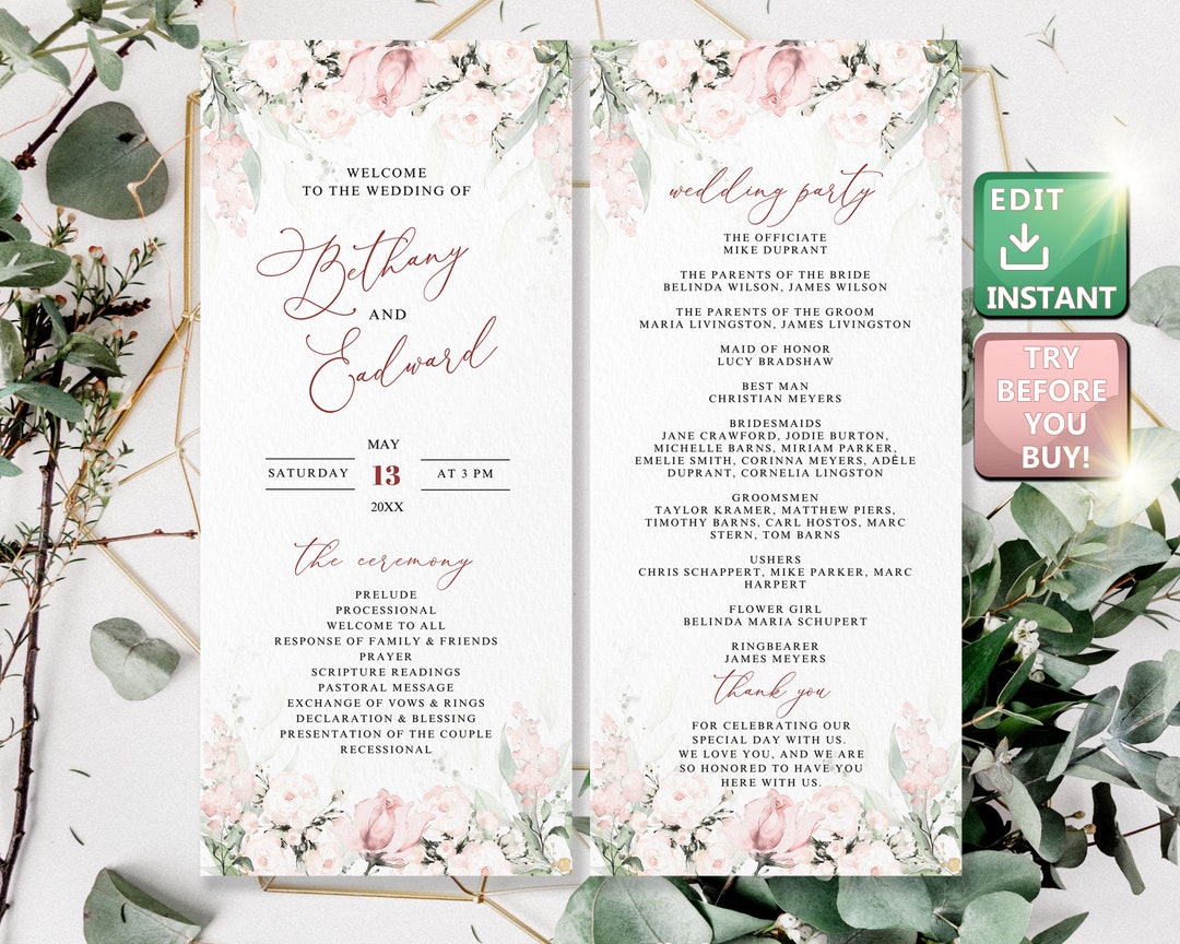 Wedding Program Simple, Wedding Program With Flowers, Roses, Wedding ...