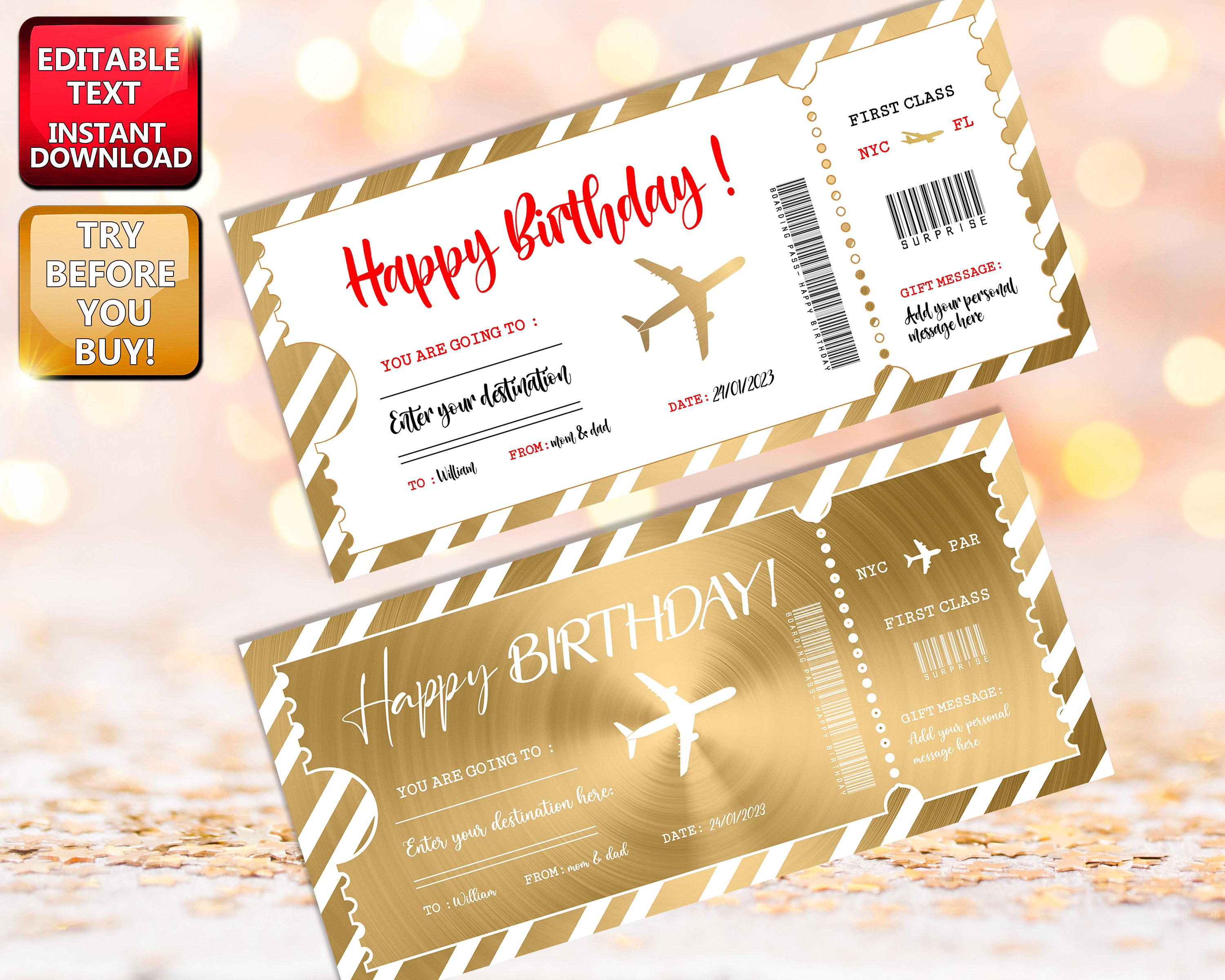 EDITABLE Event Foiled Voucher Ticket Template, Any Text, Personalised ...