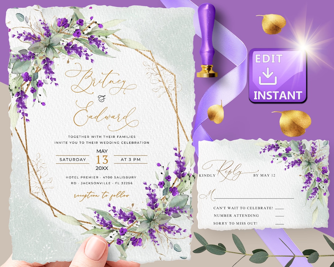 Wedding Invitation Lavender and Greenary, Wedding Invitation Lavender ...