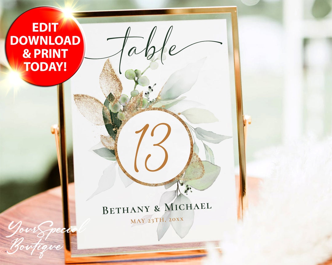 Editable Eucalyptus Wedding Table Number Template, Greenery Wedding ...