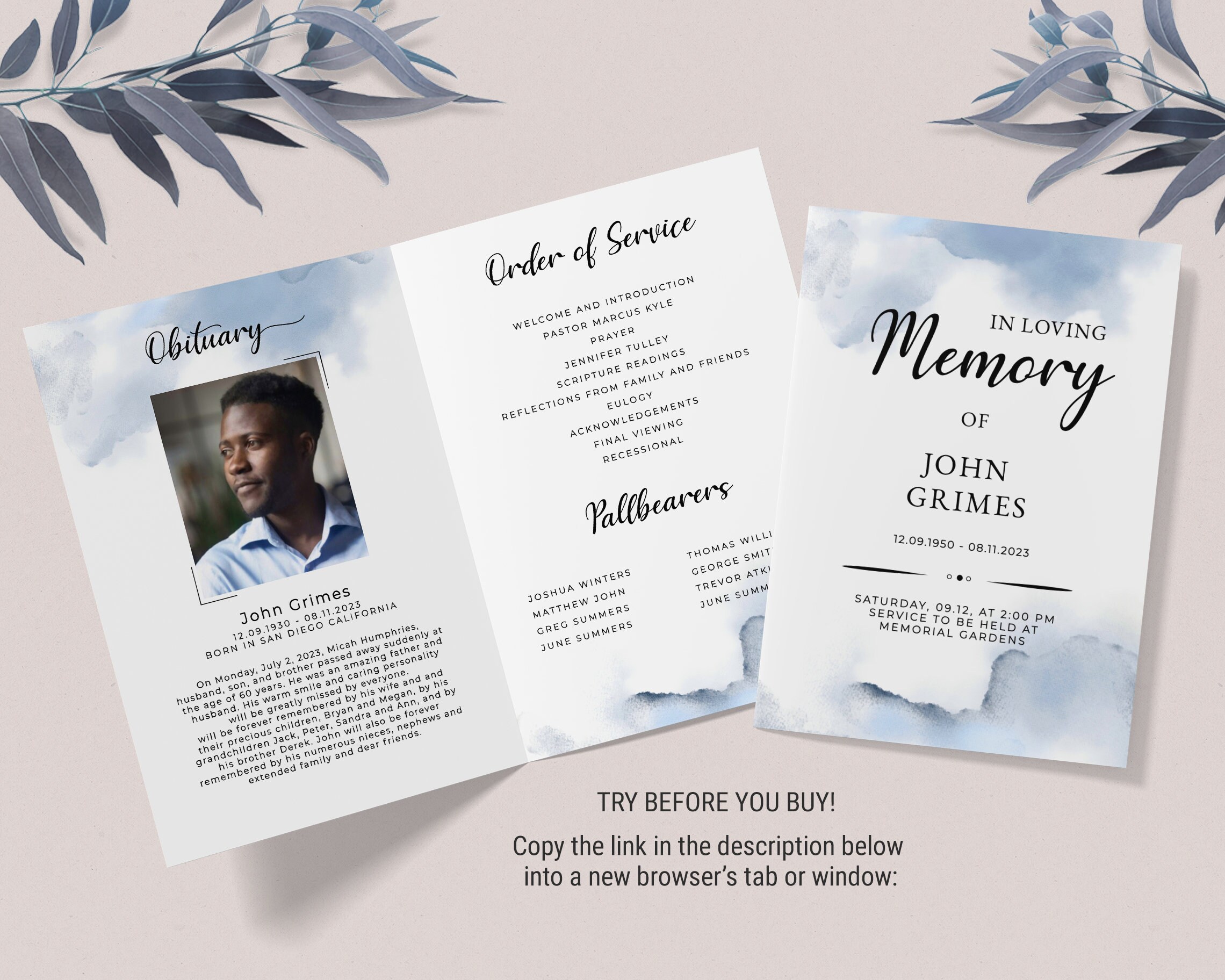 Funeral Program Template, Funeral Program With Clouds, 4 Page, Funeral ...