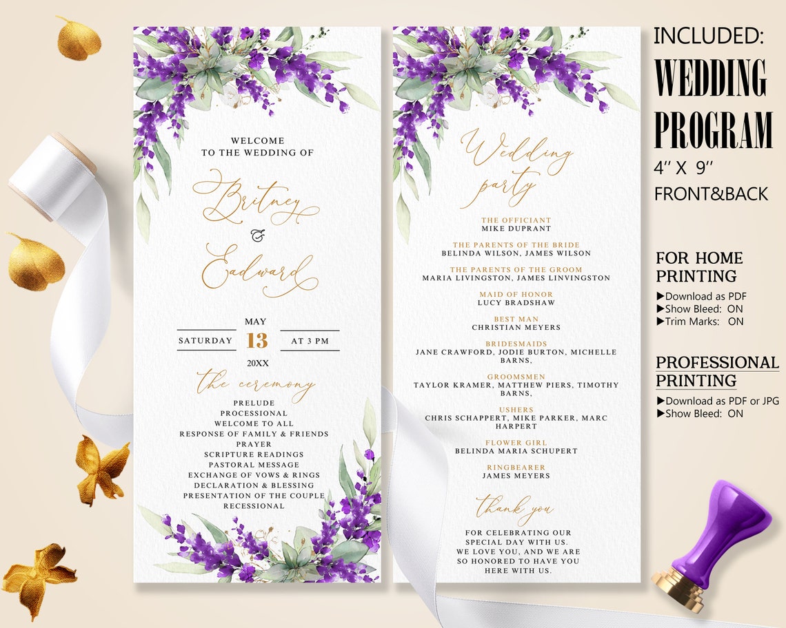 Wedding Program Lavender, Wedding Program With Gold, Wedding Program ...