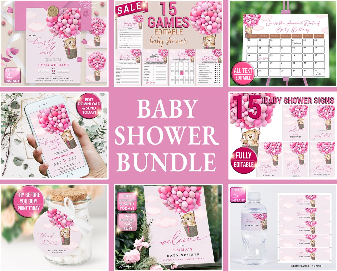 Baby Shower Bundle Girl, Printable Baby Shower Pack, Editable Bear ...