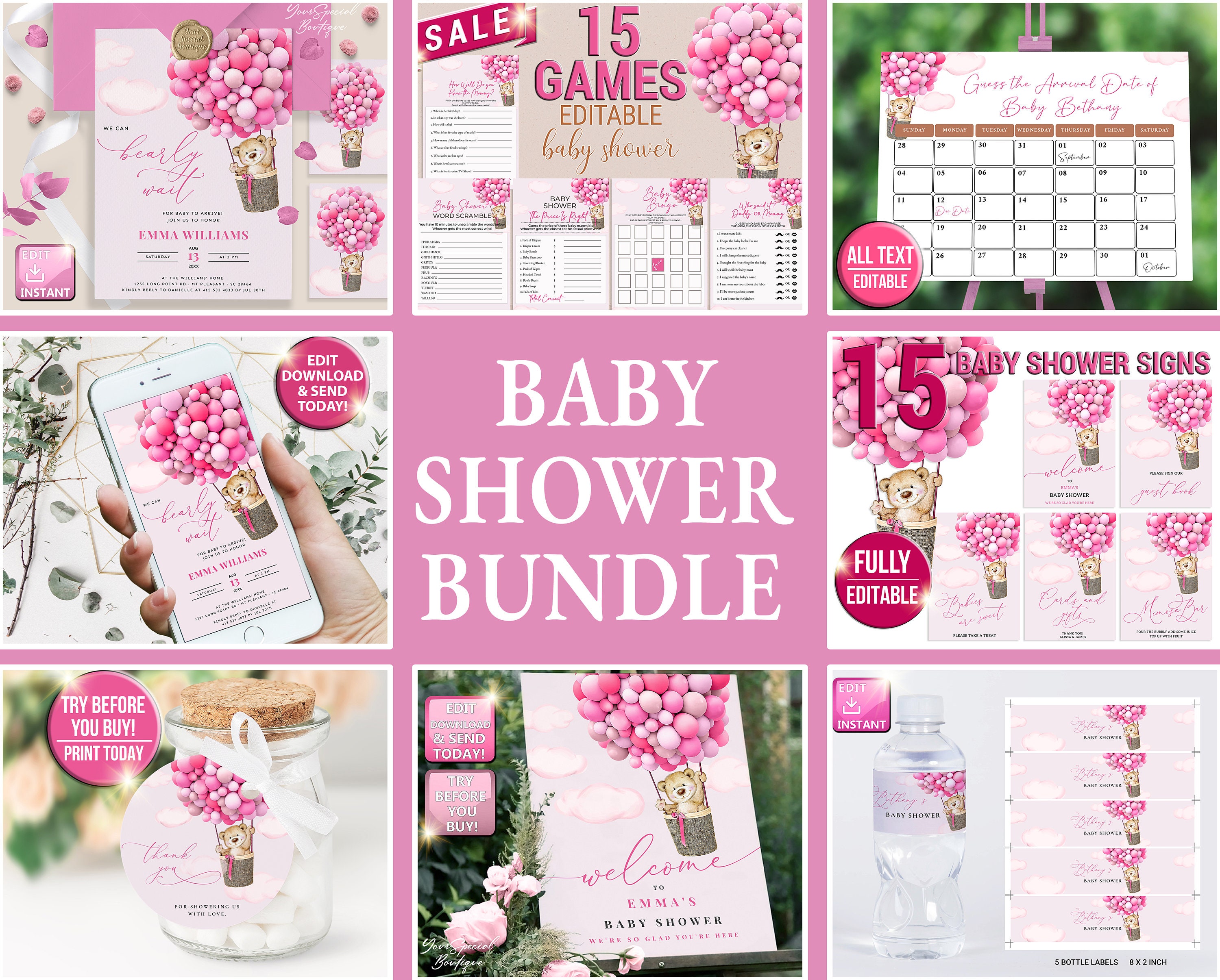 Baby Shower Bundle Girl Printable Baby Shower Pack Editable - Etsy
