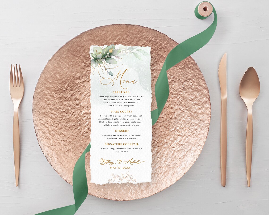 Green Wedding Menu Modern Menu Cards Minimalist Menu - Etsy