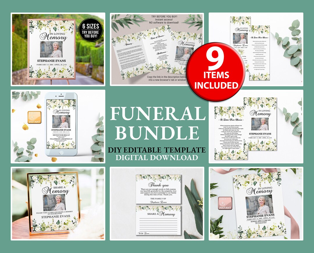 Funeral BUNDLE Set Editable, Memorial Package, Celebration of Life ...