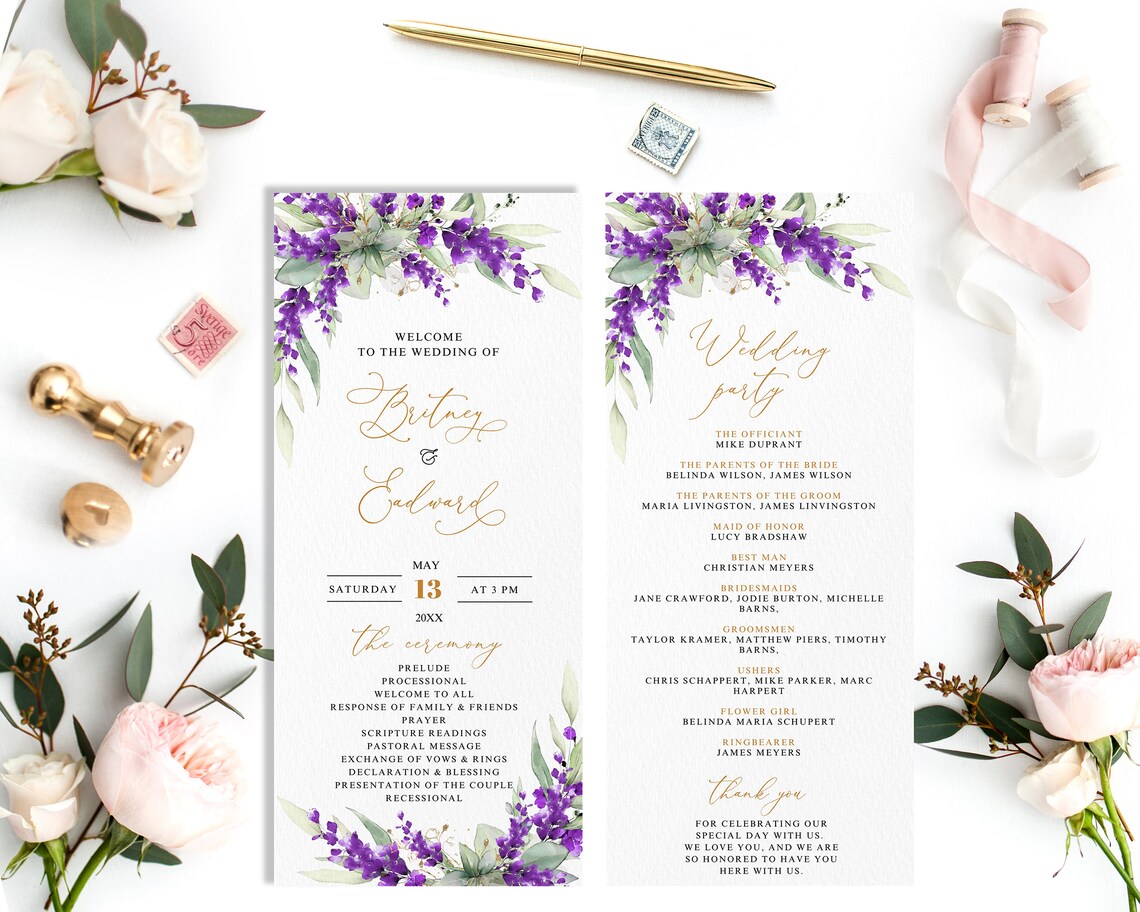 Wedding Program Lavender, Wedding Program With Gold, Wedding Program ...