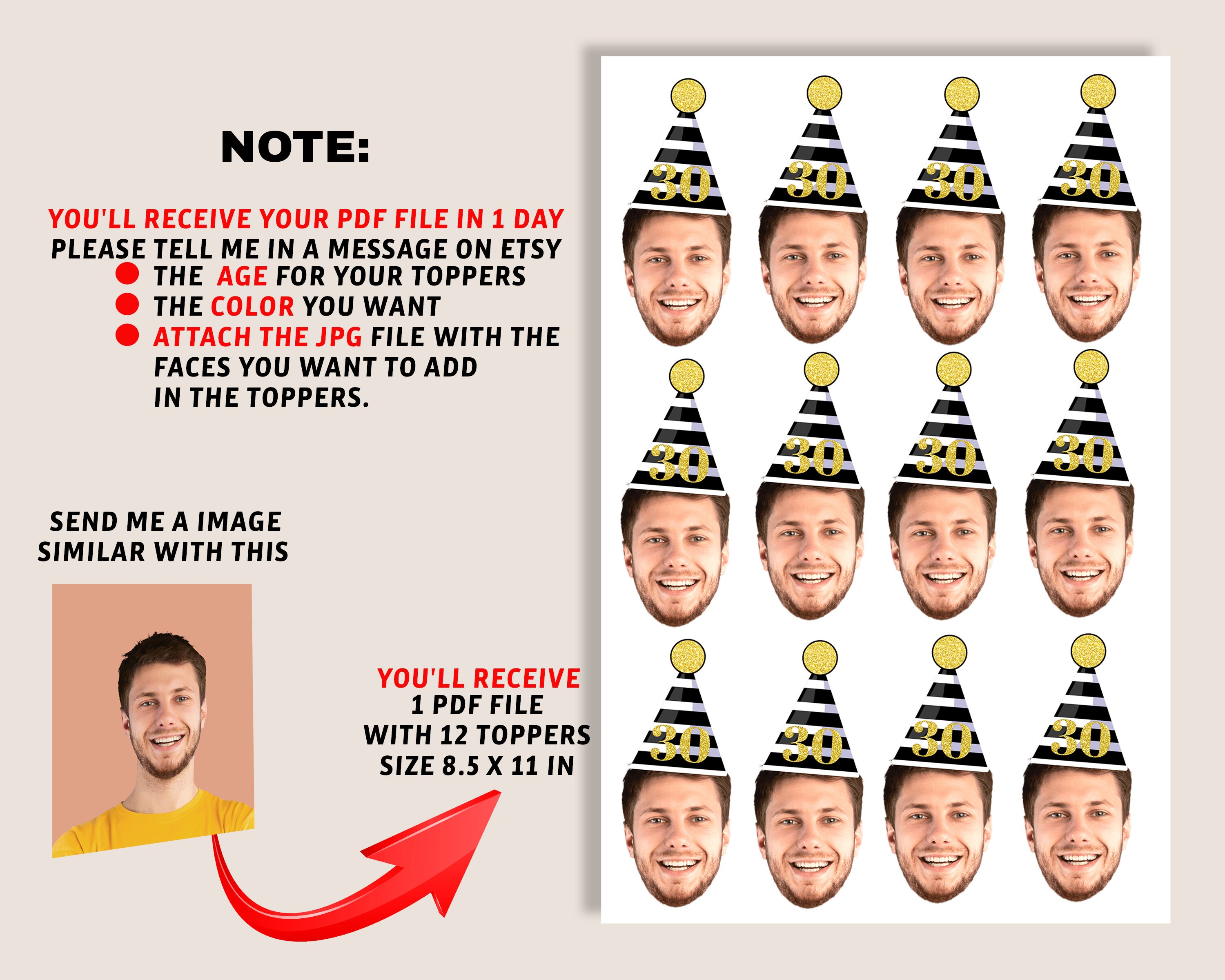 Cupcake Toppers Face Photo Digital File 30th 40th 50th 60 - Etsy Australia