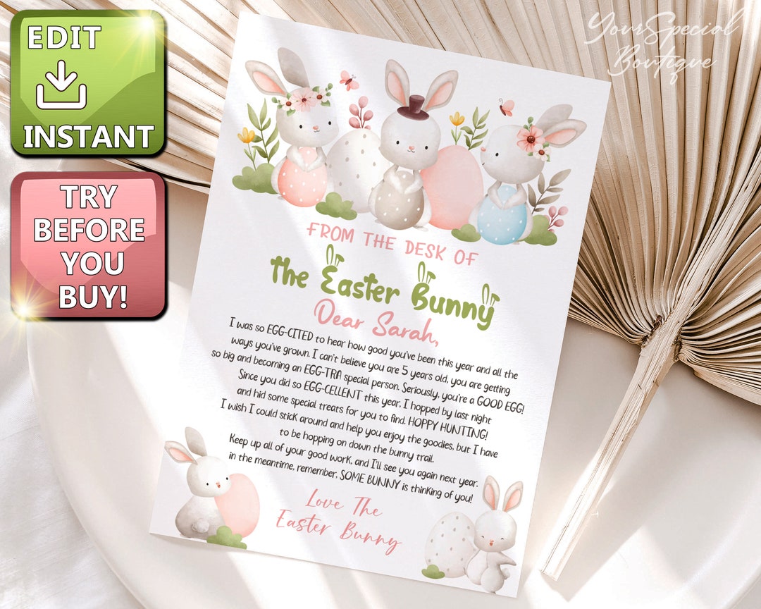 Carta del conejito de Pascua para niños Carta editable del conejito de ...