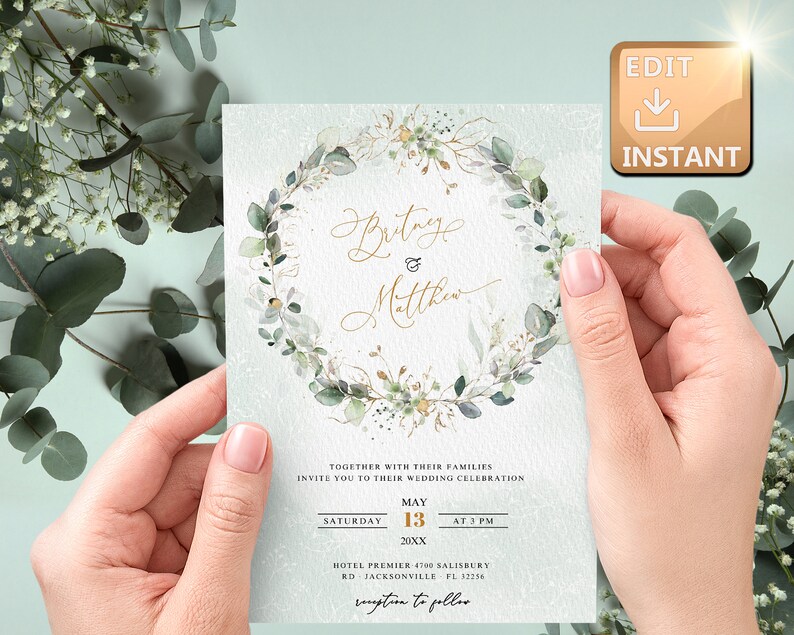 Wedding Invitation Greenery Gold, Wedding Invitation Eucalyptus Gold ...