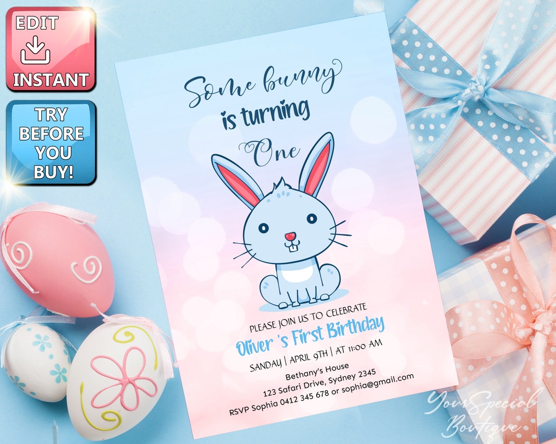 Bunny Birthday Invitation, EDITABLE Bunny 1st Birthday Invite BOY, Boy ...