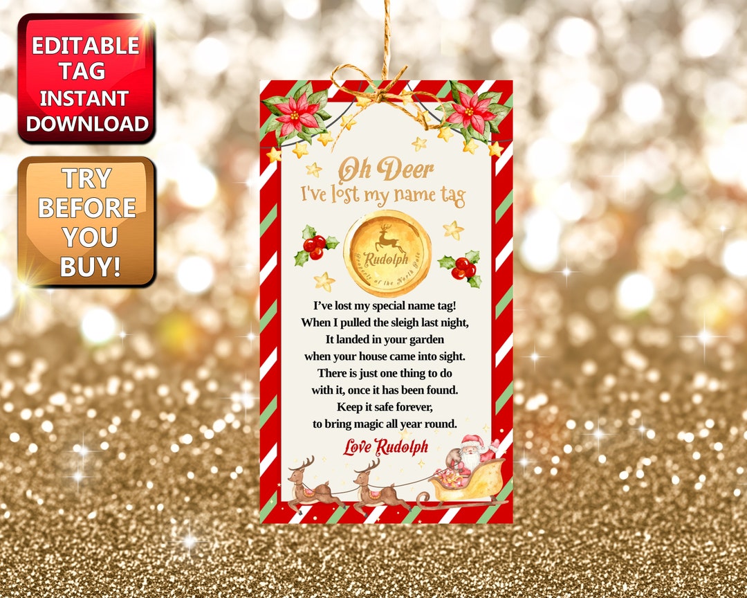 EDITABLE Rudolph's Lost Name Tags, Rudolph's Lot Name Tag Christmas ...