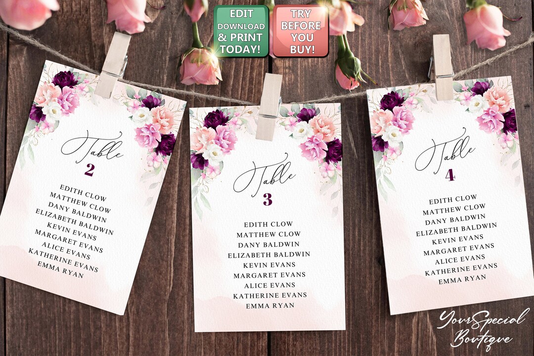 Seating Chart Cards, Seating Chart Wedding, Printable Seating Plan ...