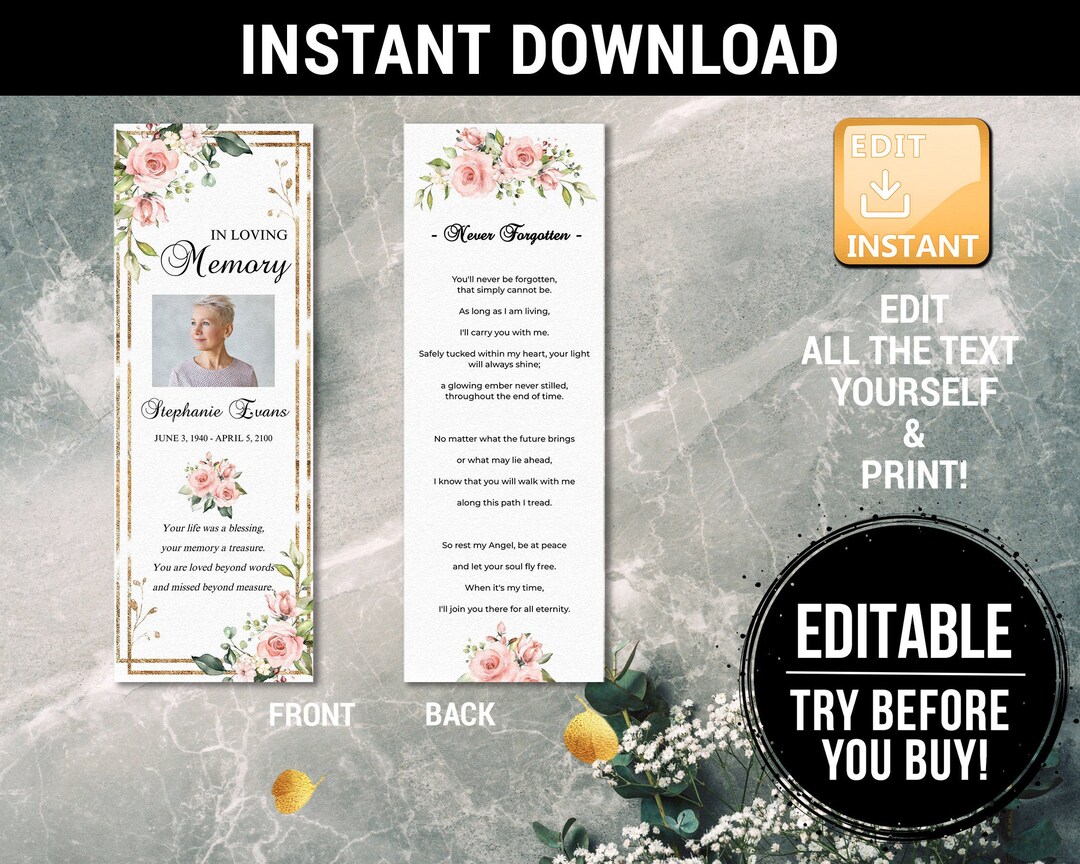 Funeral Bookmark, Memorial Personalized Laminated Bookmarks With Photo ...