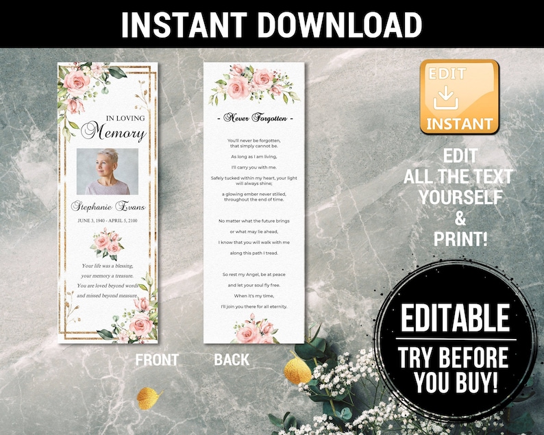 Funeral Bookmark Memorial Personalized Laminated Bookmarks - Etsy