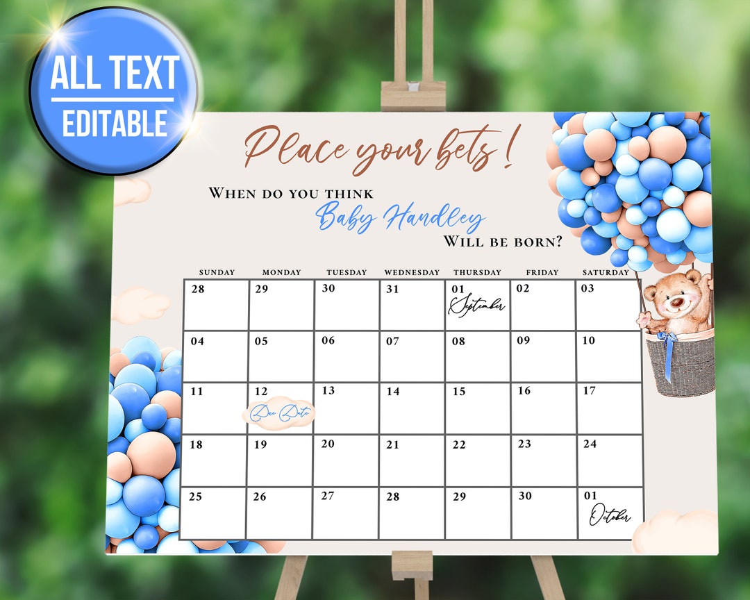 Baby Due Date Calendar Game Bear Balloons Boy Blue, Baby Shower Game ...