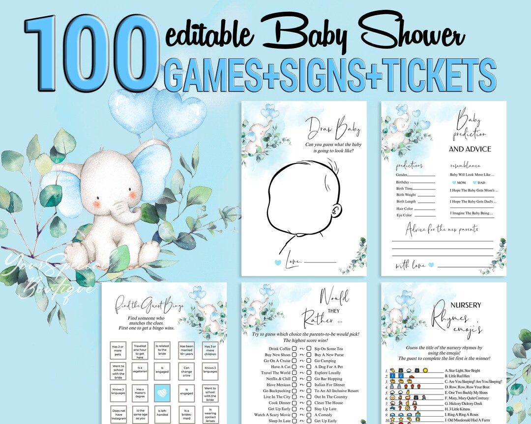 Blue Boy Baby Shower Games, 100 Elephant Baby Shower Games, Baby Shower ...