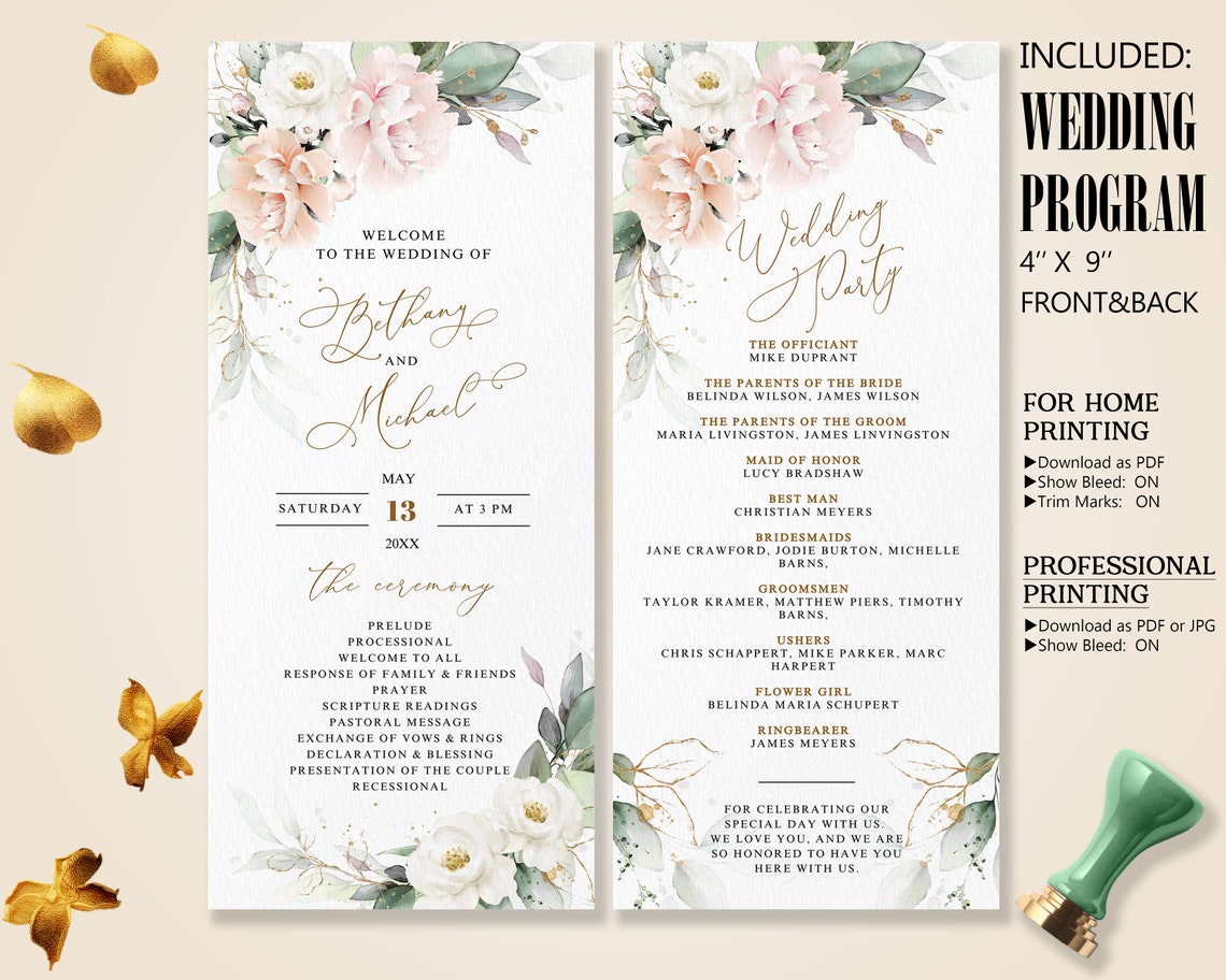 Wedding Program Simple Wedding Program Peony Wedding Program | Etsy