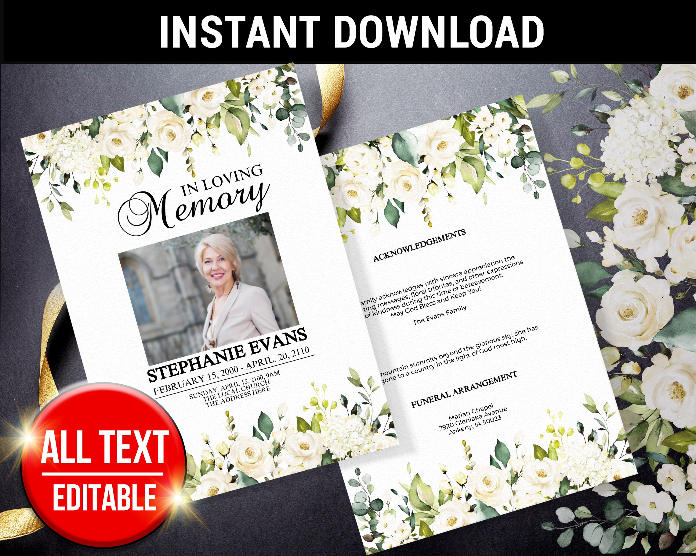 Memorial Program, Funeral Program Template for Woman, Front and Back ...