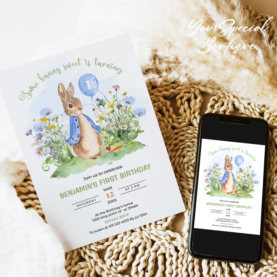 Peter Rabbit First Birthday Invitation, Editable Invite Template ...