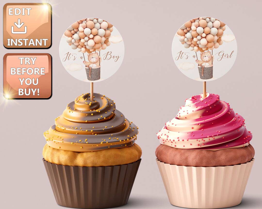 Cupcake Toppers Baby Shower Bear Balloon, Digital File, Birthday Teddy ...