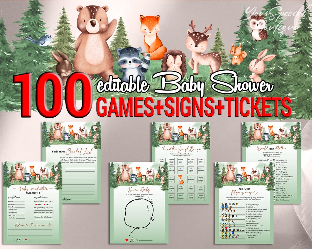 WOODLAND Baby Shower Games, Animals Game Pack ,party Games Forest Baby ...