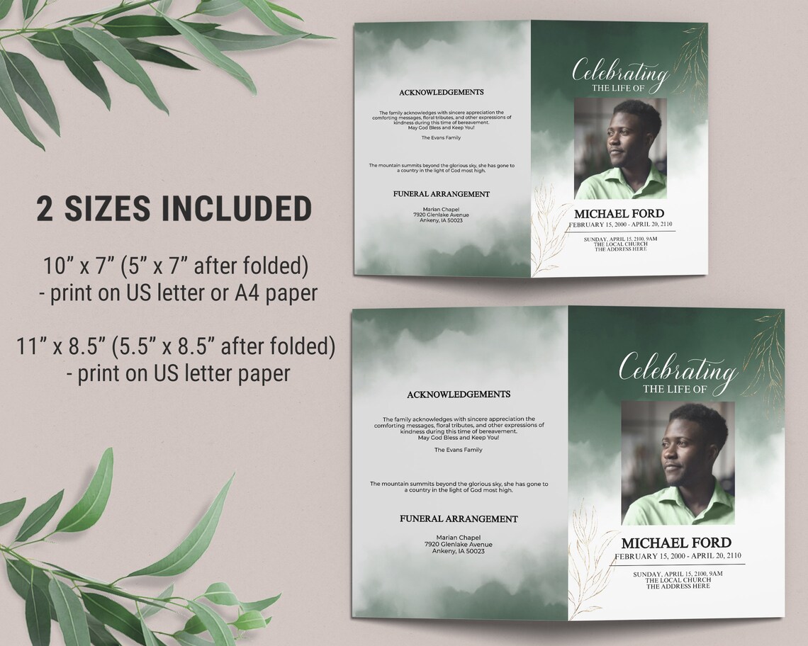 Funeral Program Template for Man, Memorial Program, Program Celebration ...