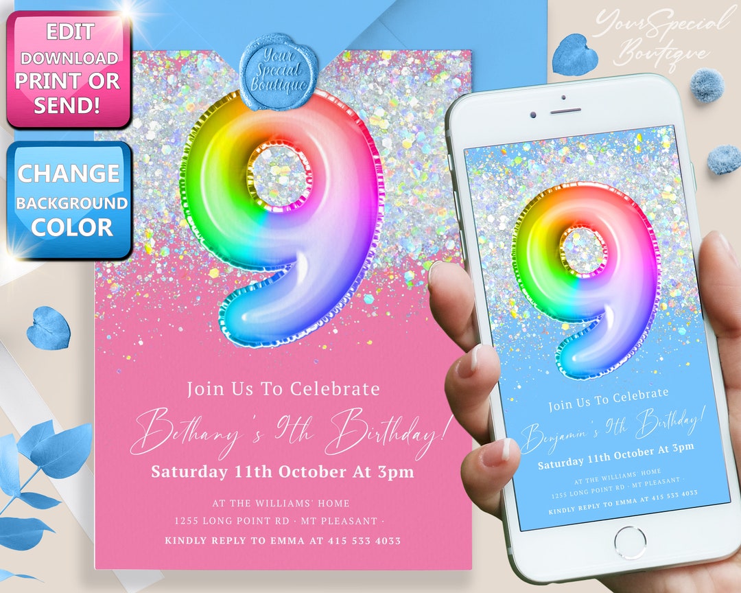 9th Birthday Invitation Editable Boy Girl Glitter Birthday Invitation ...