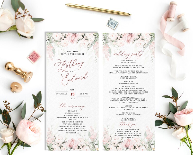Wedding Program Simple, Wedding Program With Flowers, Roses, Wedding ...