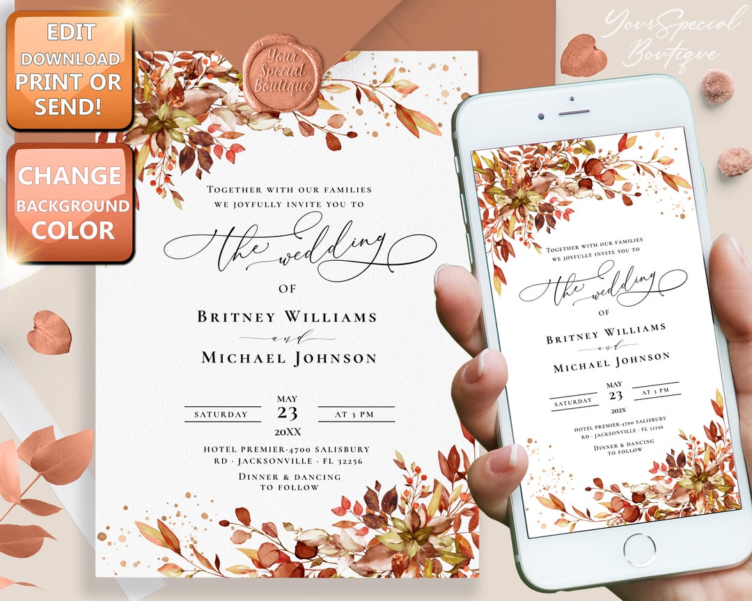 Fall Wedding Invitation Template, Rustic Autumn Leaves and Greenery ...