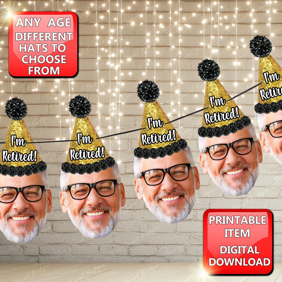 Retirement Banner With Face and Party Hat Backdrop, Officially Retired ...