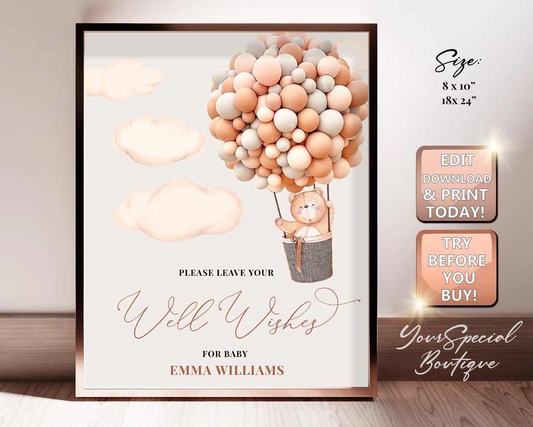 Baby Shower Sign Well Wishes, Baby Bear Balloon Editable ,printable ...