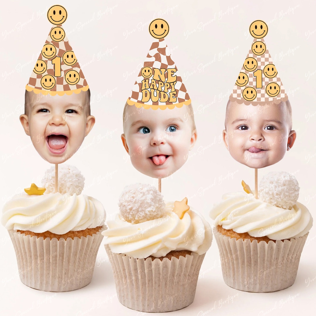 One Cool Dude Birthday, Happy Dude Face Cupcake Toppers, First Birthday ...