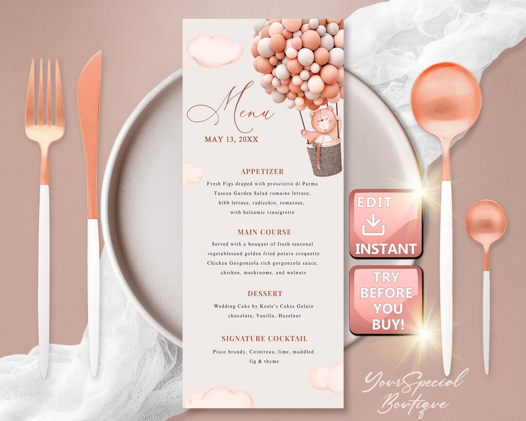 Menu Bear Balloons, Baby Shower Brunch, Dinner, Printable, Editable ...