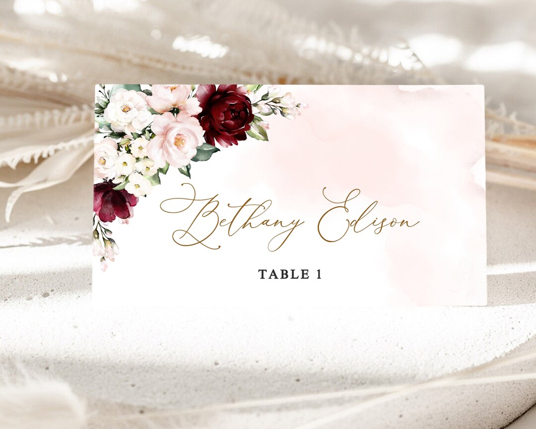 Wedding Table Name Tags, Place Card W010, Burgundy Blush Wedding Name ...