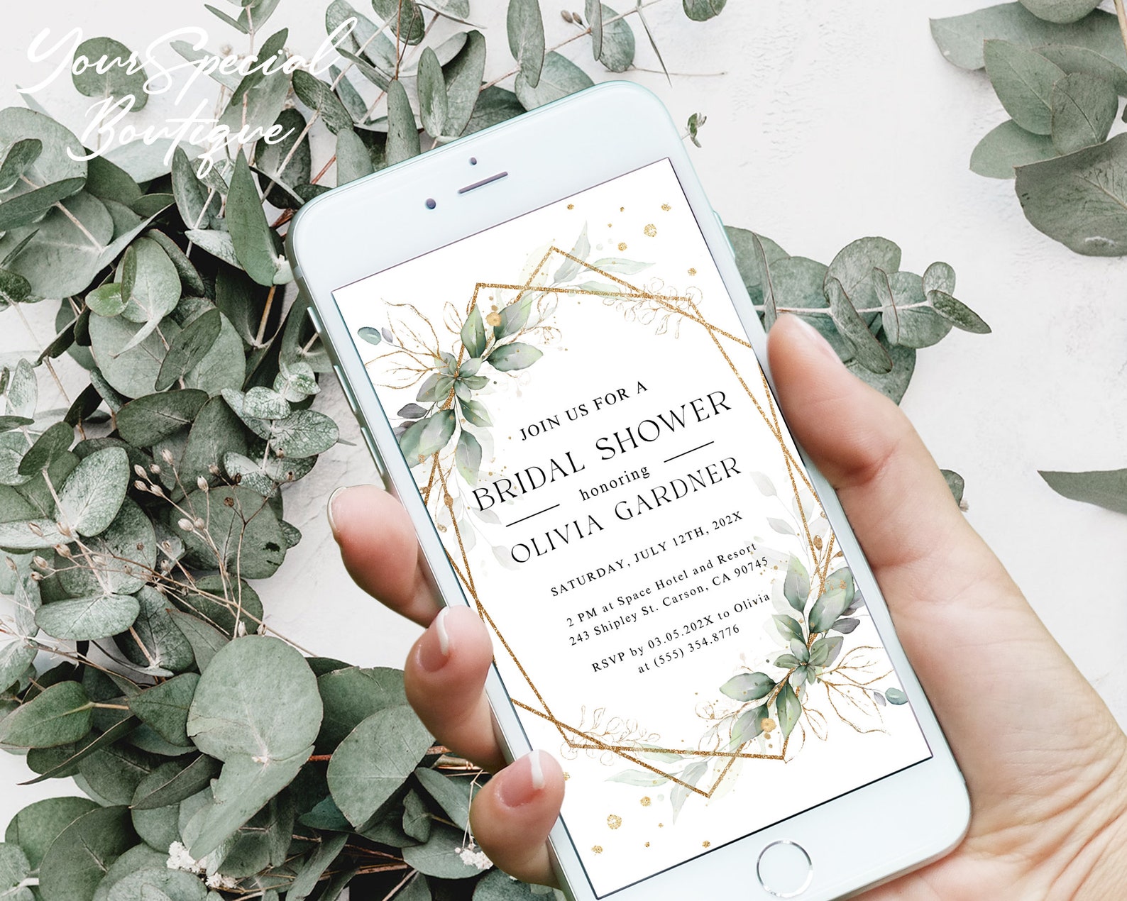 Bridal Shower Invitation Electronic, Bridal Shower Evite, Greenery Gold ...