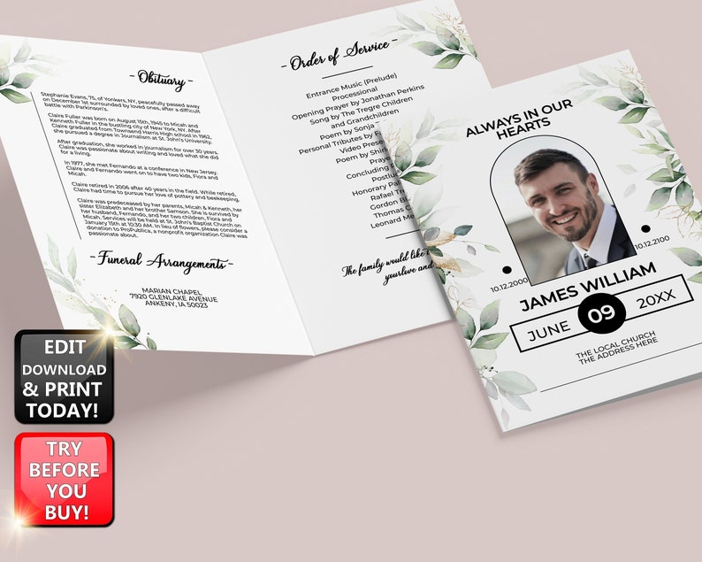 Editable Funeral Program Template Funeral Memorial Men - Etsy