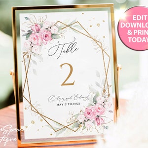 Pink Rose Wedding Table Numbers, Watercolor Greenery Leaves, 2 Sizes ...