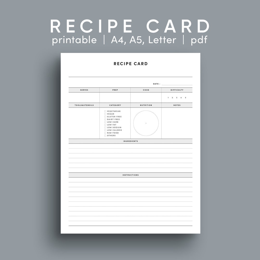 Printable Recipe Card, Food Planner (A4, A5, Letter) (PDF) - Etsy