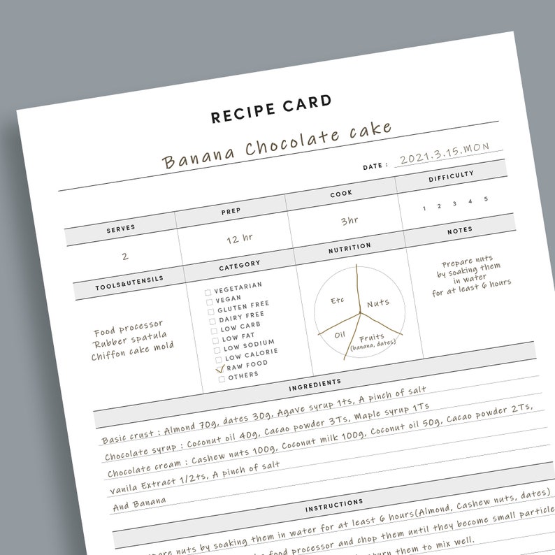 Recipe Card Printable Printable Recipe Book Recipe Note | Etsy