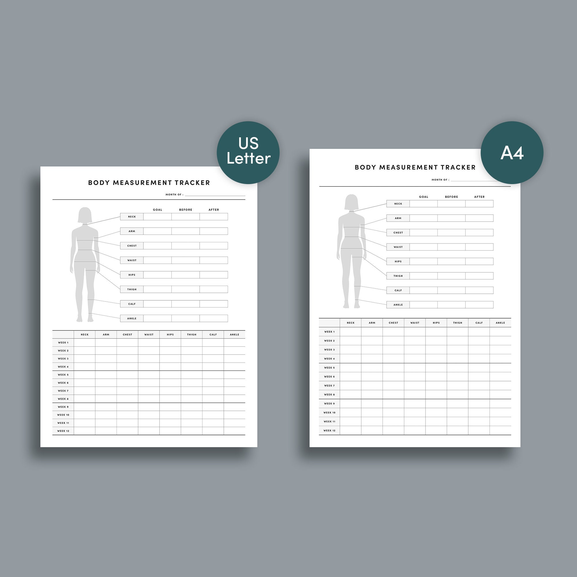 Printable Body Measurement Tracker, Body Size Log, Diet Planner, Weight ...