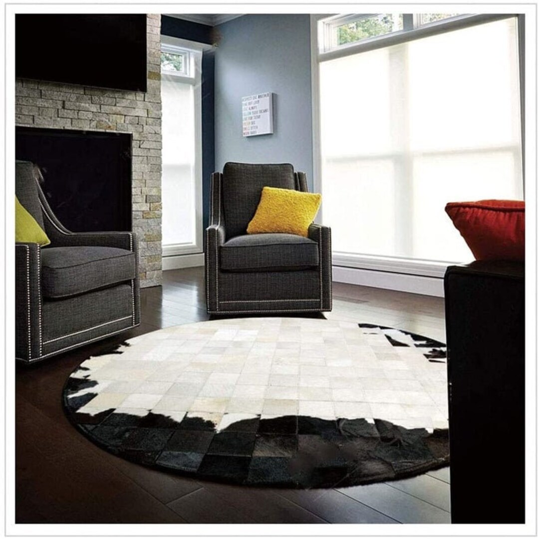 Cowhide Patchwork Rug Round Cow Patchwork Rug Natural White - Etsy